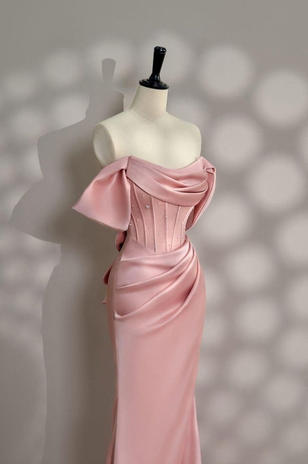 Long Pink Satin Prom Dress Off Shoulder Prom Dress Evening Party Gowns ...