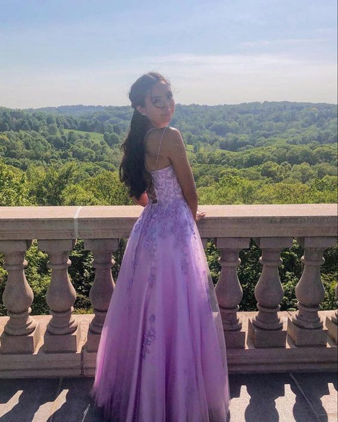 Lavender Lace Appliques A-line Long Prom Dress fg4795 – formalgowns