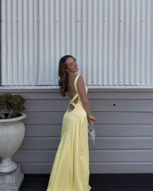 Simple Straps Yellow Backless Long Prom Dress fg5318 – formalgowns