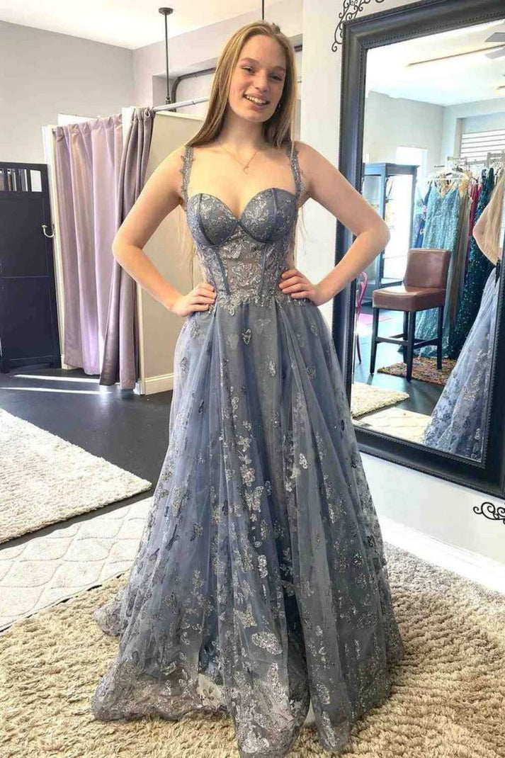 Off Shoulder Smoke Gray Lace Long Prom Dress, Smoke Gray Lace Formal G ...
