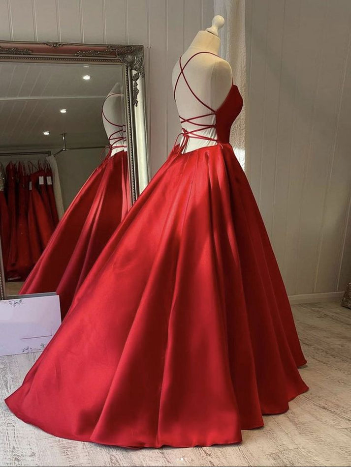 Simple Backless Red Satin Long Prom Dress,Open Back Formal Dresses, Re ...