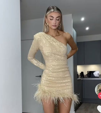 Cute Bodycon One Sleeve Sequins Short homecoming Dresses with Feather ...