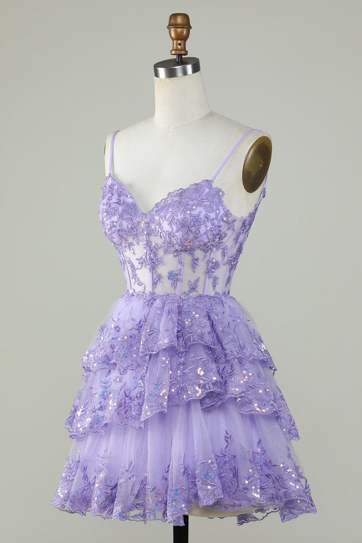 Straps Lavender Sequins Corset Layered Homecoming Dress fg3729 ...
