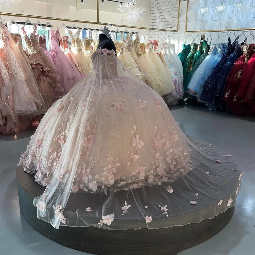 pink Sweetheart Quinceanera Dresses Ball Gown 3D Flowers Formal Prom G ...