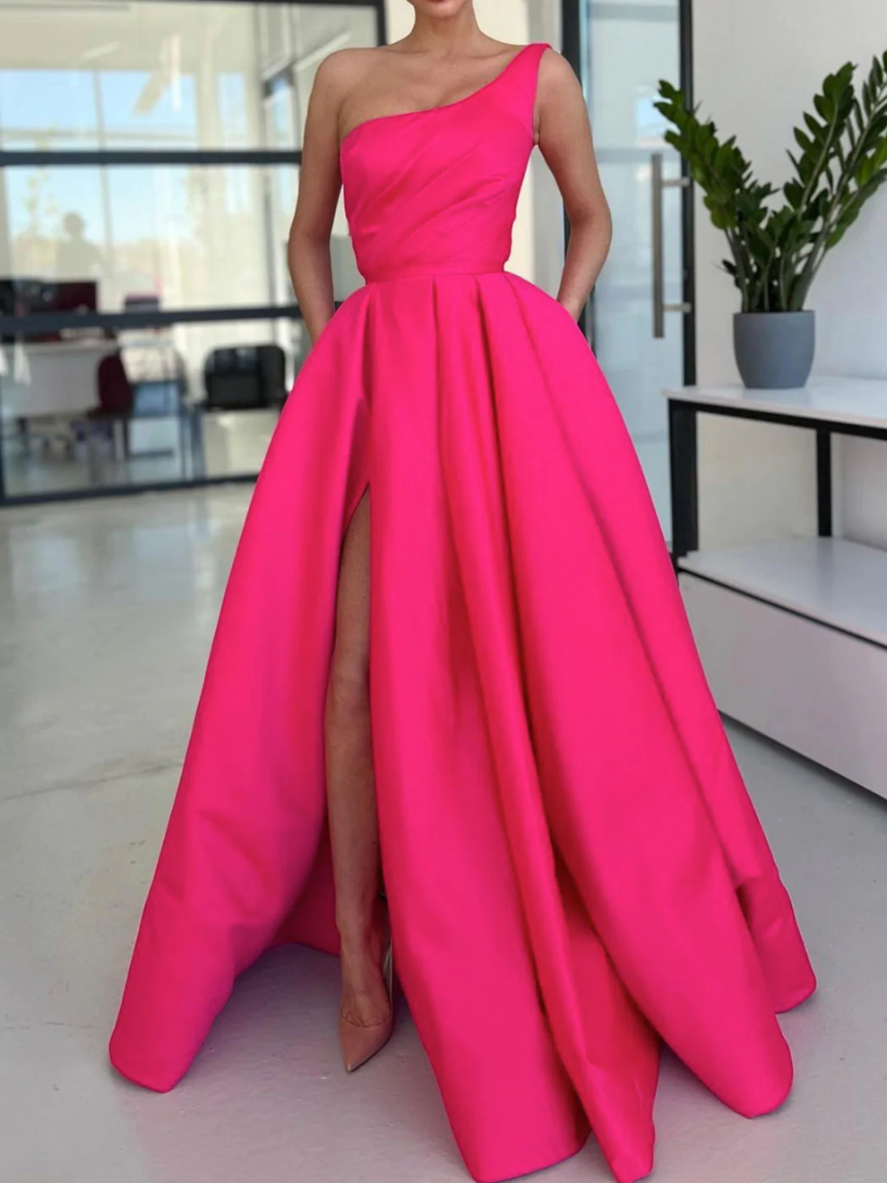 Simple One Shoulder Satin Pink Long Prom Dress, Pink Formal Evening Dr ...