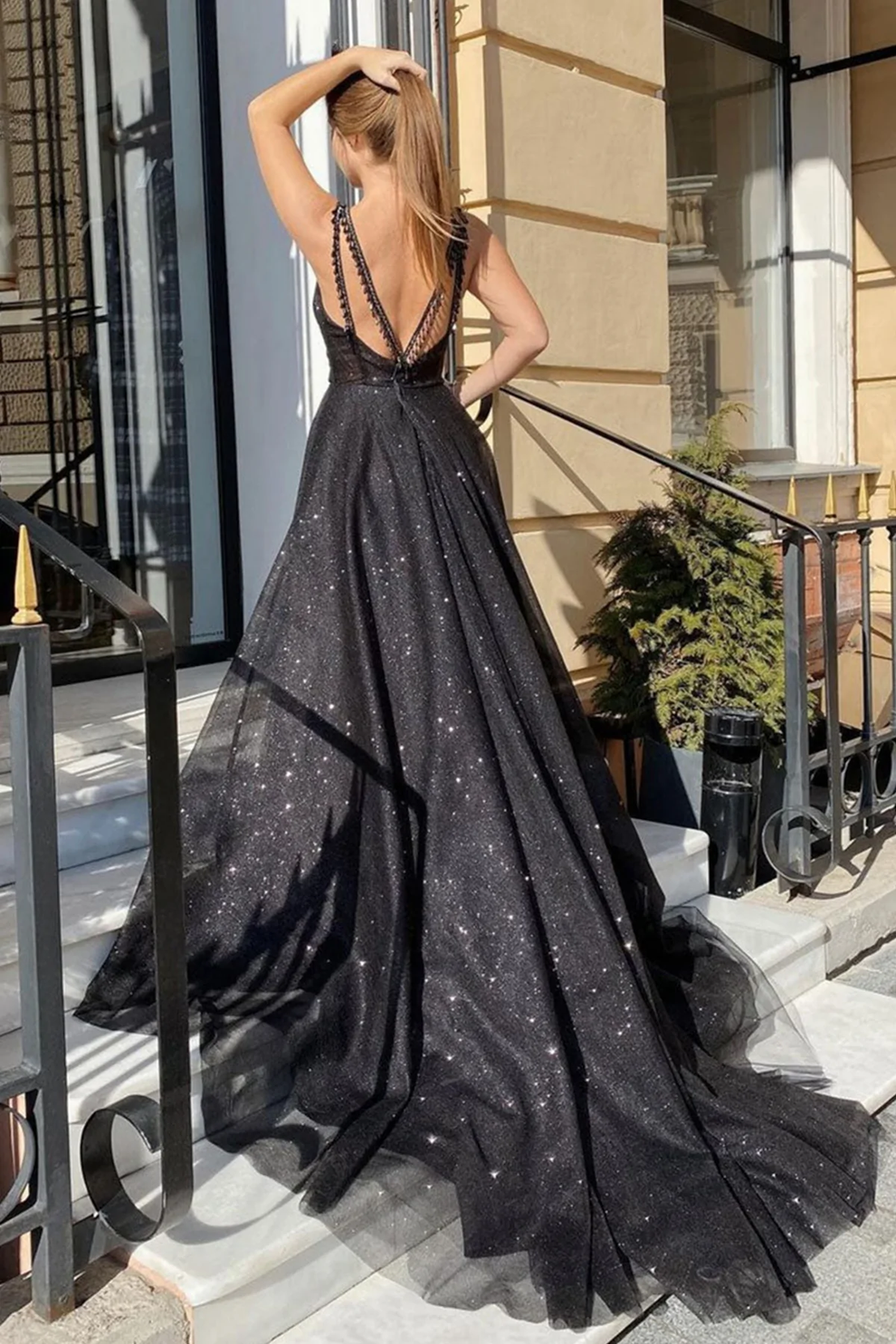 Shiny Tulle V Neck Open Back Black Long Prom Dresses with High Slit, S ...