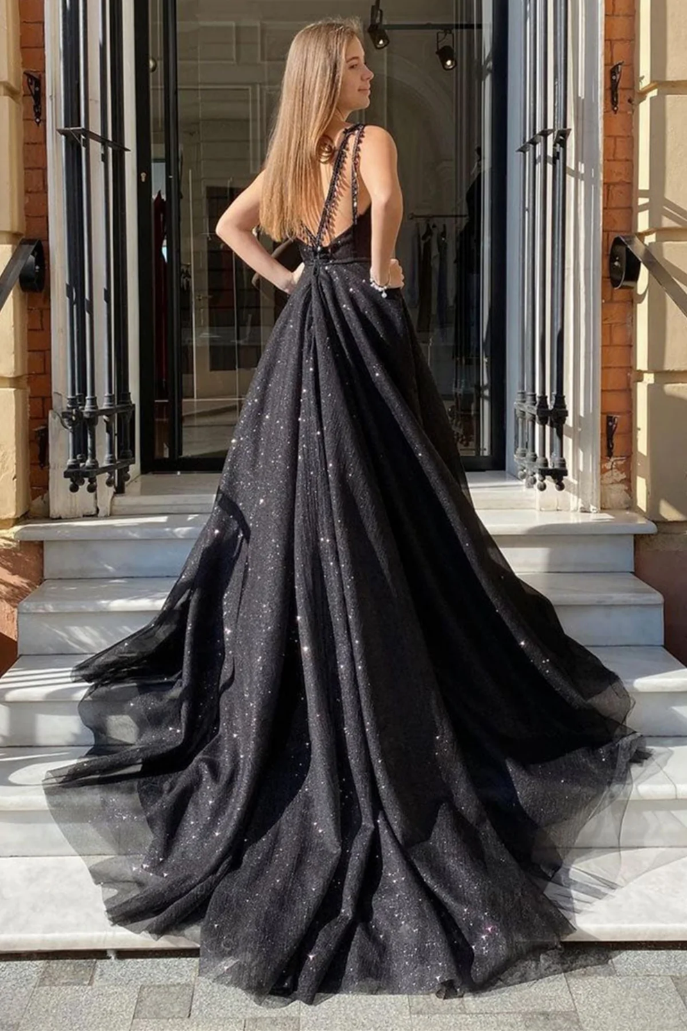 Shiny Tulle V Neck Open Back Black Long Prom Dresses with High Slit, S ...